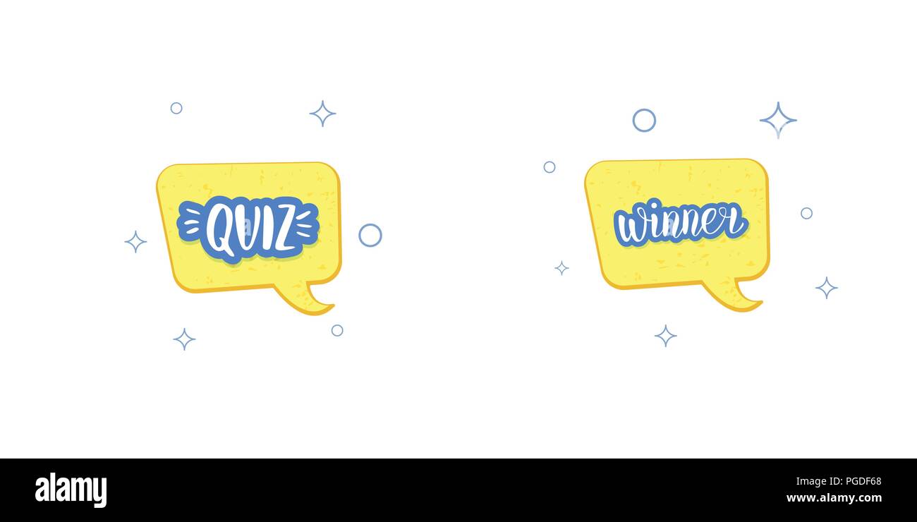 Quiz and Winner stickers. Handwritten lettering with speech bubble ...