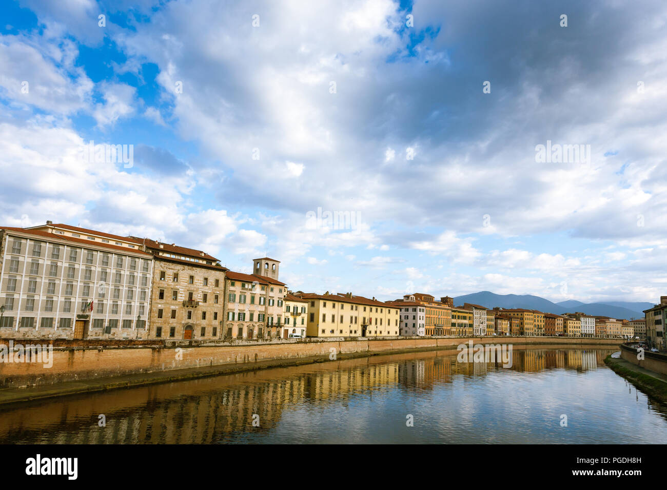Pisa view. Buildings along Arno river. Italian landmark, Tuscany Stock ...