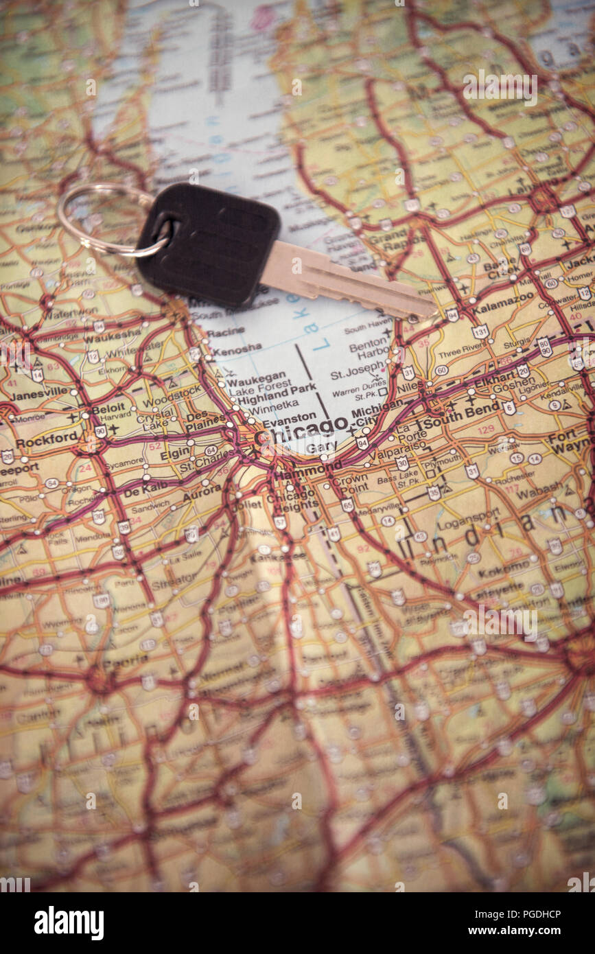 Map showing Chicago in the United States of America with a key lying on ...