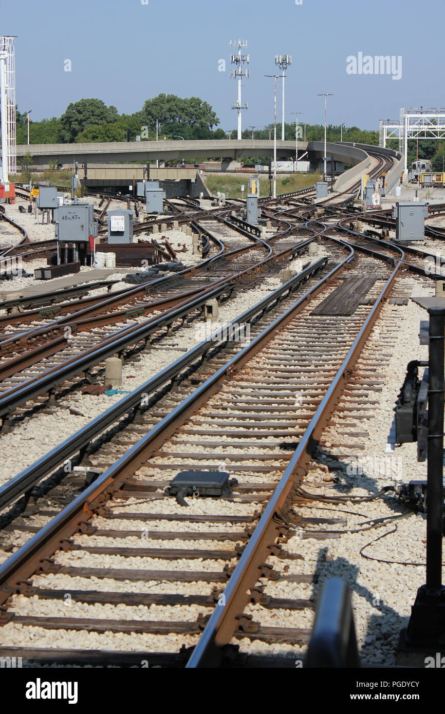 CTA Red line Howard Street public train station and rail yard on a ...