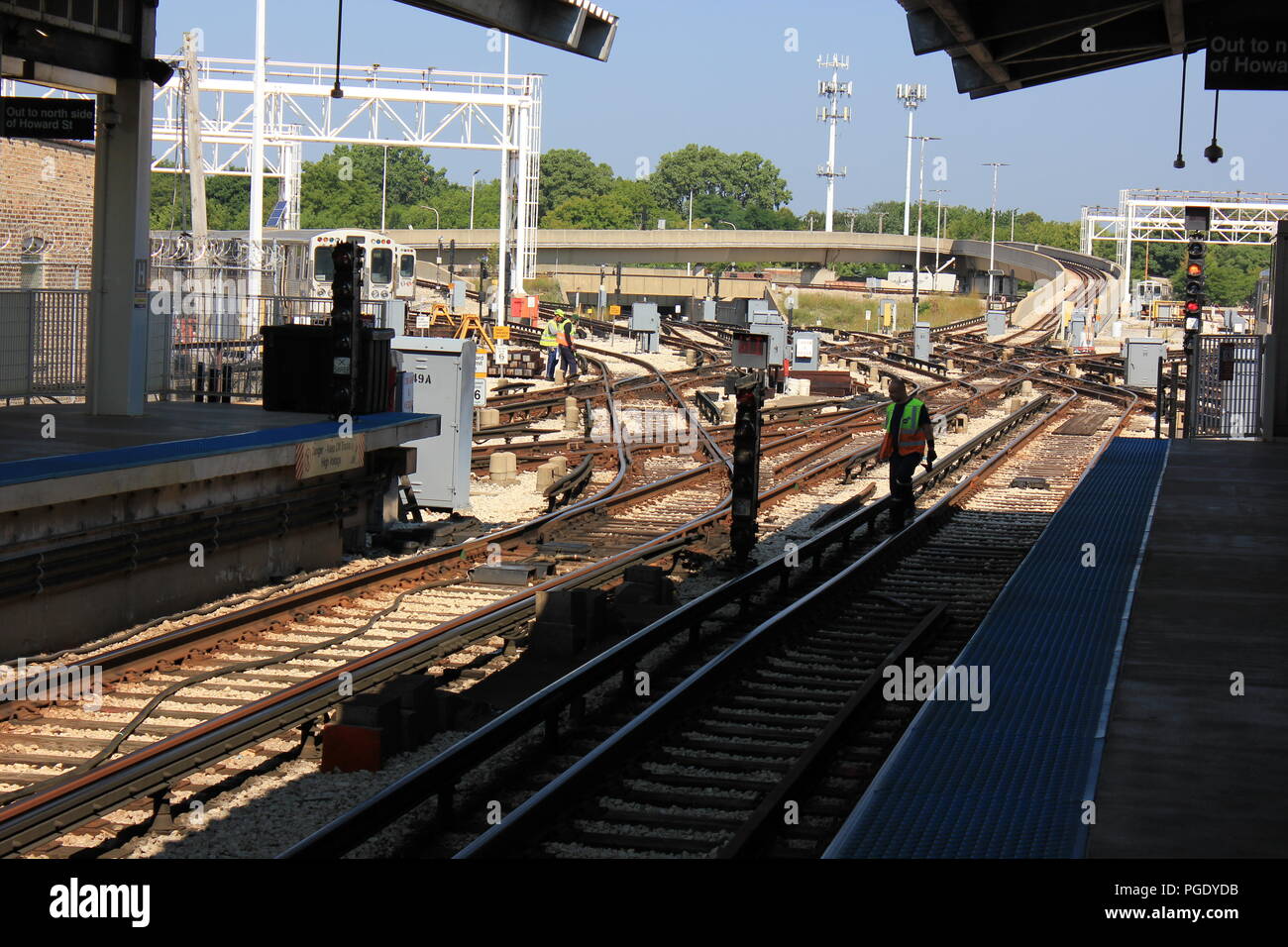 CTA Red line Howard Street public train station and rail yard on a ...