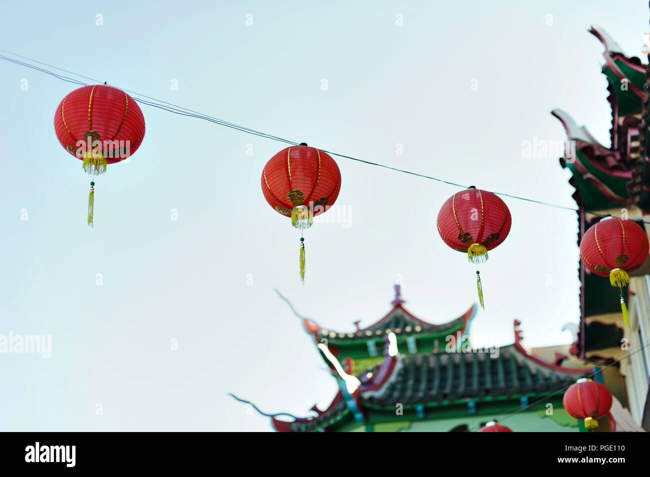 Chinese lanterns hang against the blue sky Stock Photo - Alamy