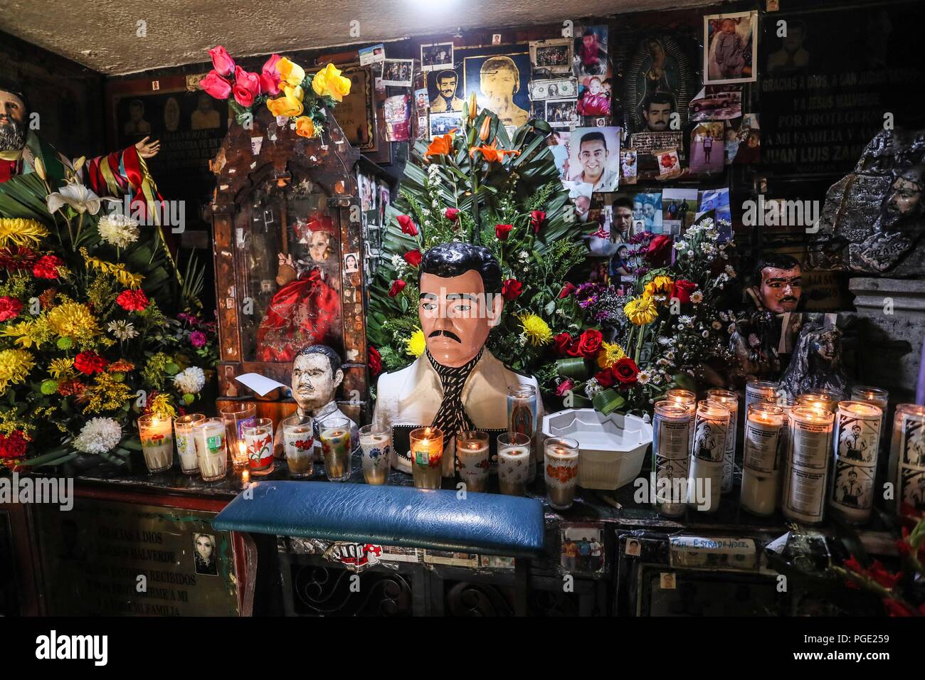 Altar in honor of Jesús Malverde who is revered as Saint who every day ...