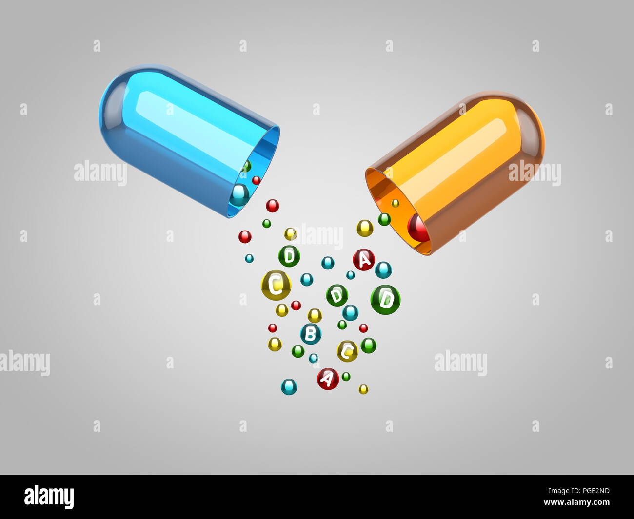 pile of rounded colorful vitamins falls from big plastic capsule ...