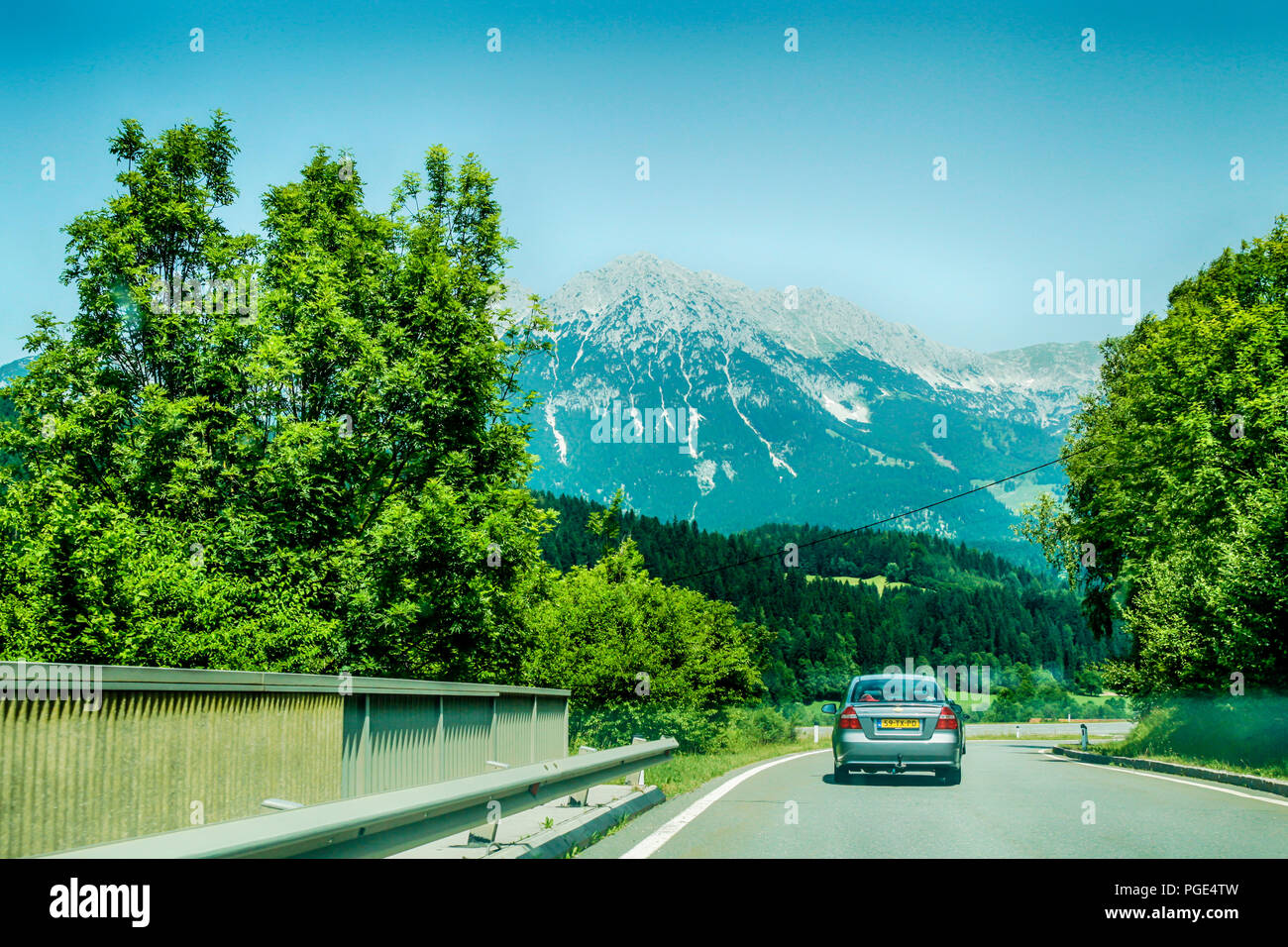 On the road driving through Austria towards the Austrian-Italian Alps ...