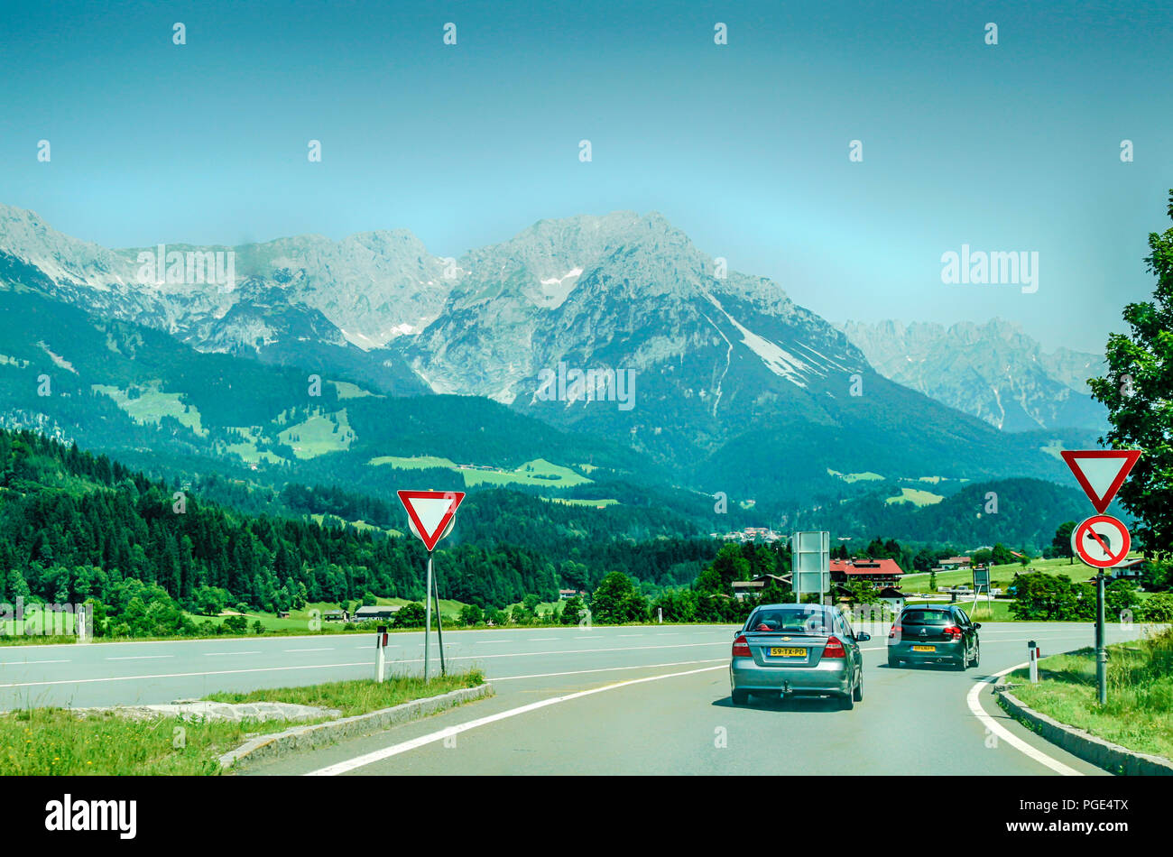 On the road driving through Austria towards the Austrian-Italian Alps ...