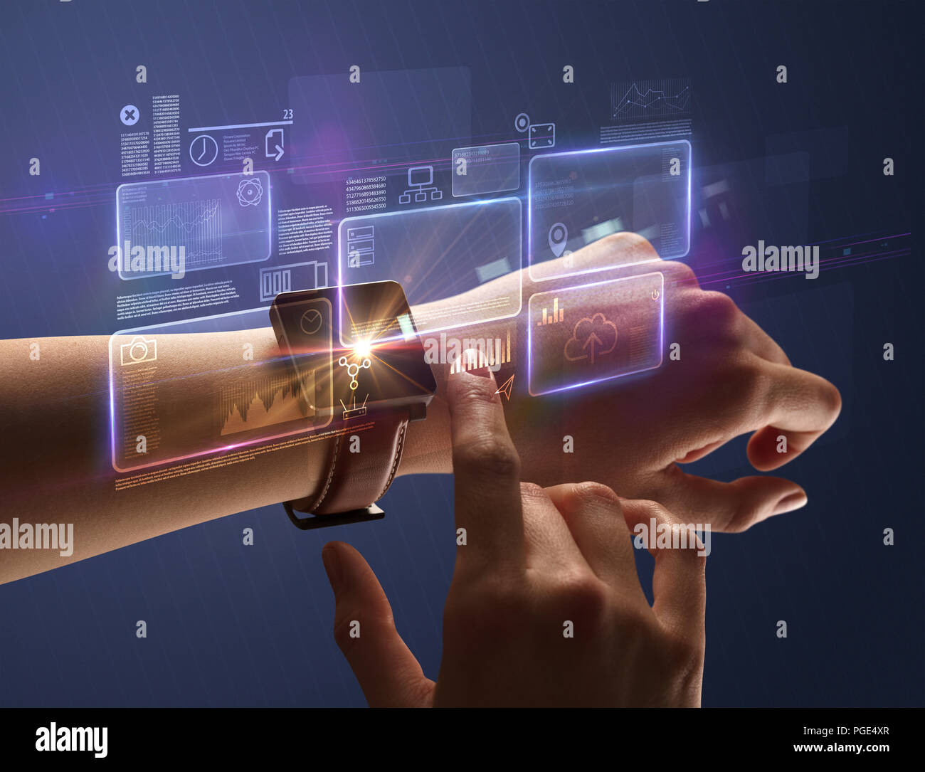 Female hand wearing smartwatch with statement labels around and dark ...