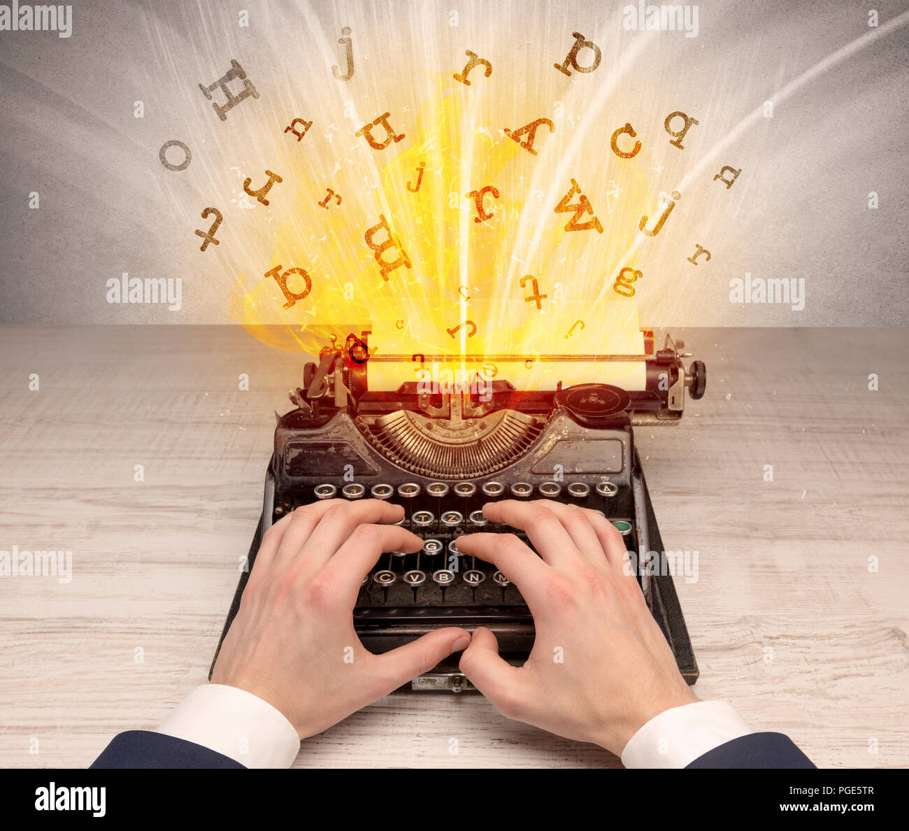 First person perspective image with exploding letters from a vintage ...