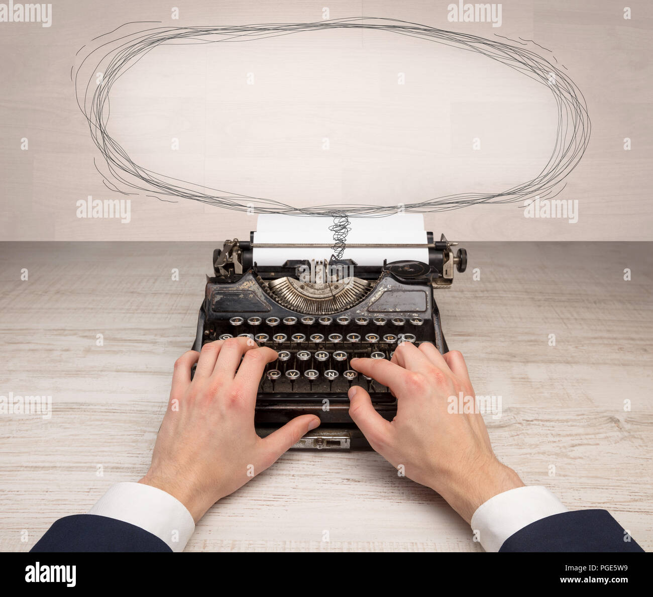 Typewriter with doodles, idea, message, plane, car balloon social media ...