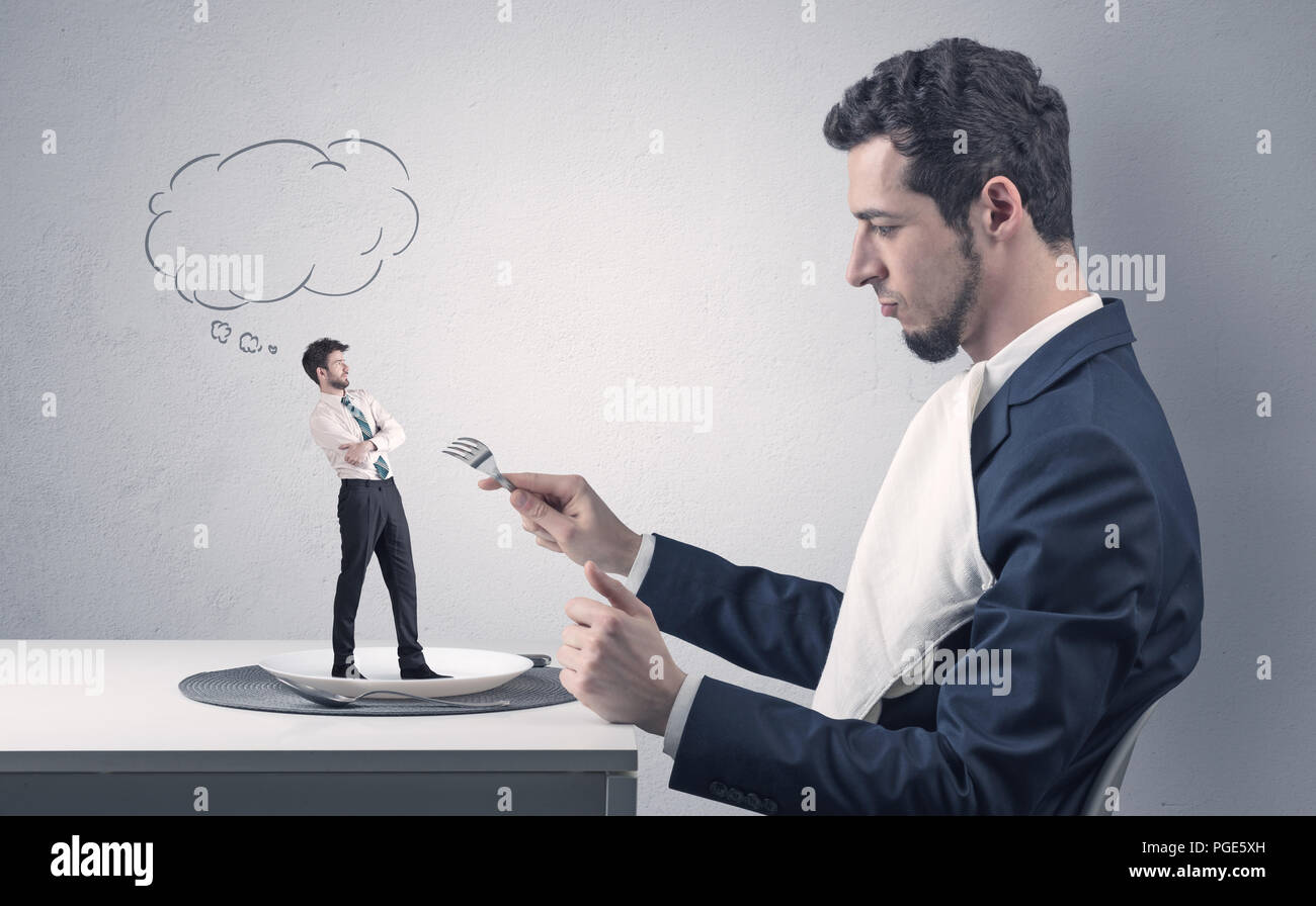 Big businessman want to eat small man with cloud messages above his ...