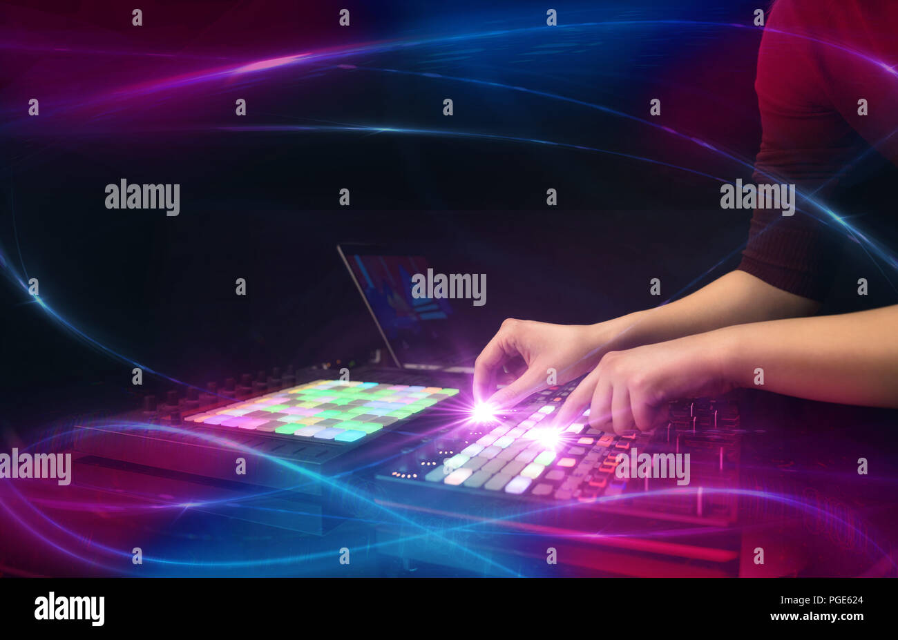 Hand mixing music on midi controller with wave vibe concept Stock Photo ...