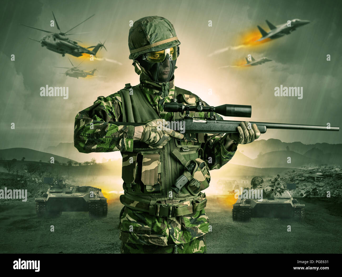 Armed soldier with sniper in the middle of a war Stock Photo - Alamy