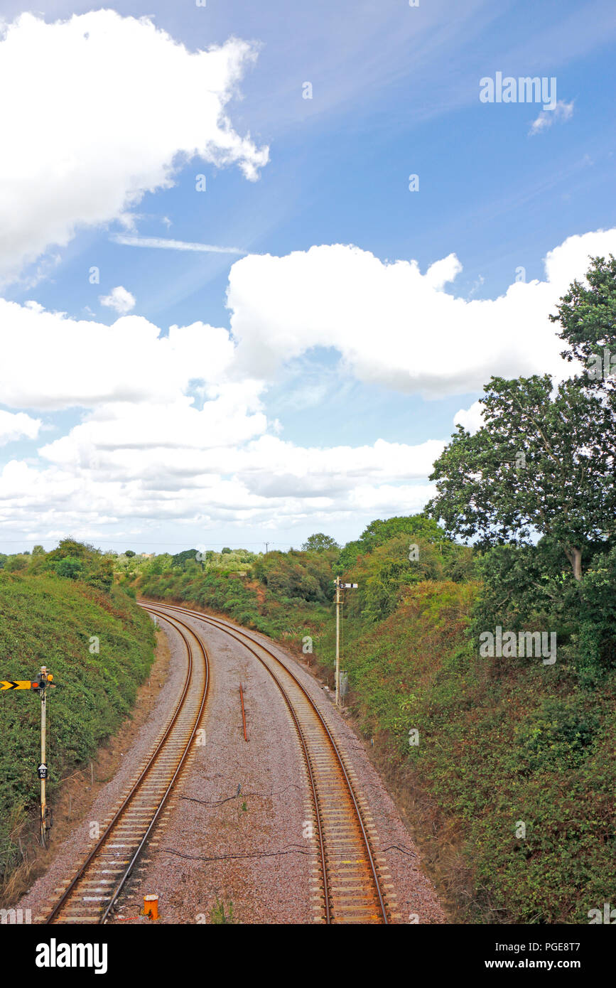 Dual track railway line on the Wherry Lines between Reedham and Cantley ...