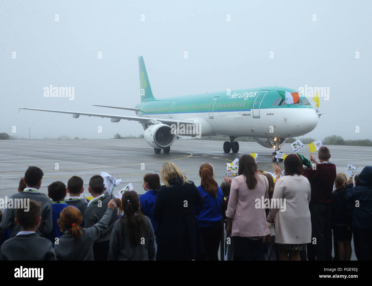 The plane carrying Pope Francis arrives at the airport in Knock in ...