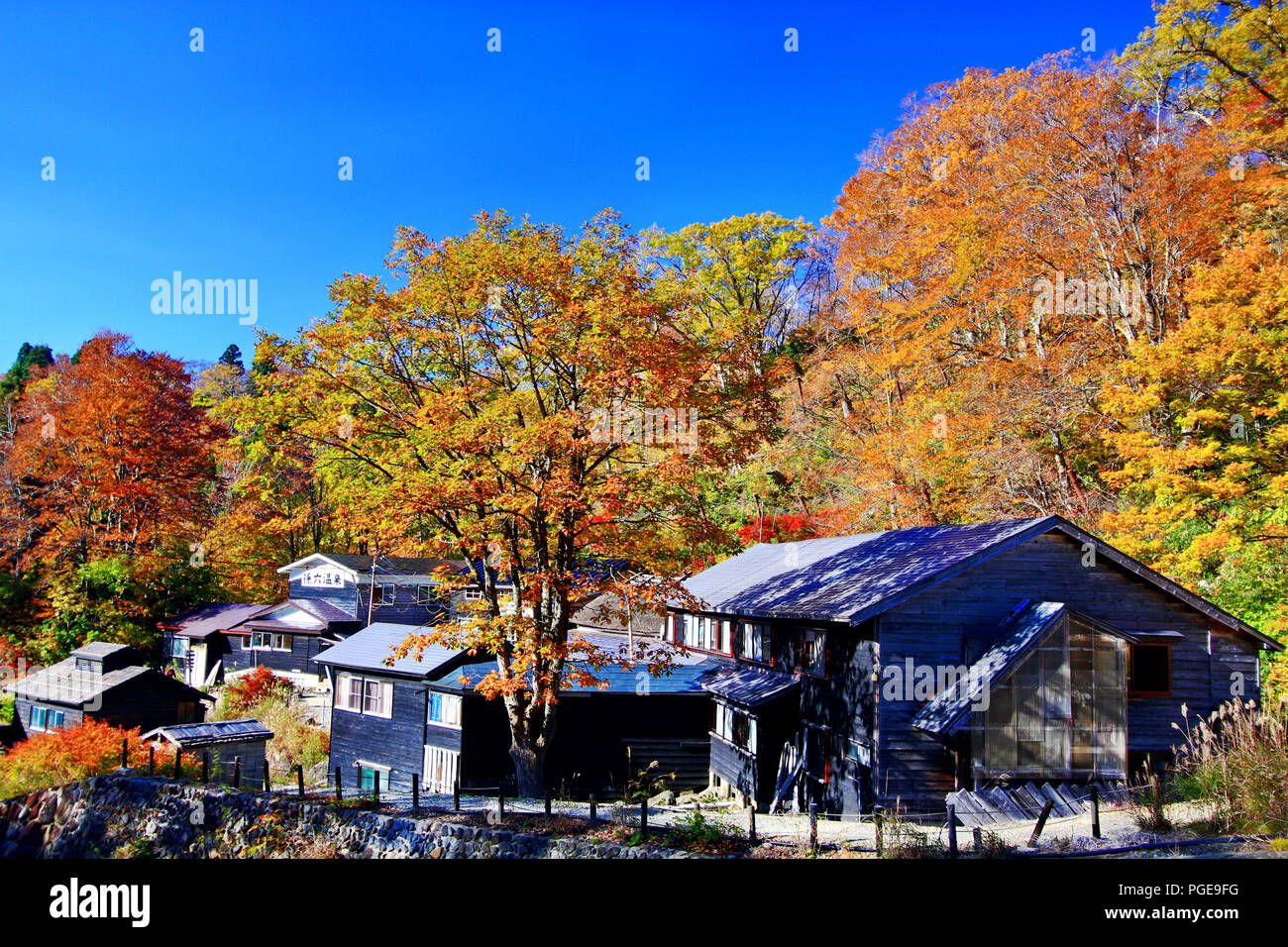 Rustic ryokan Magoroku Onsen among colorful autumn forest with blue sky ...