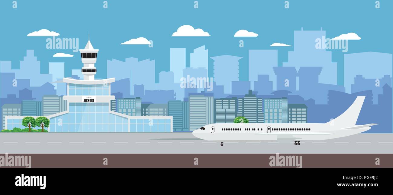 Airport Terminal building with aircraft taking off. Flat and solid ...