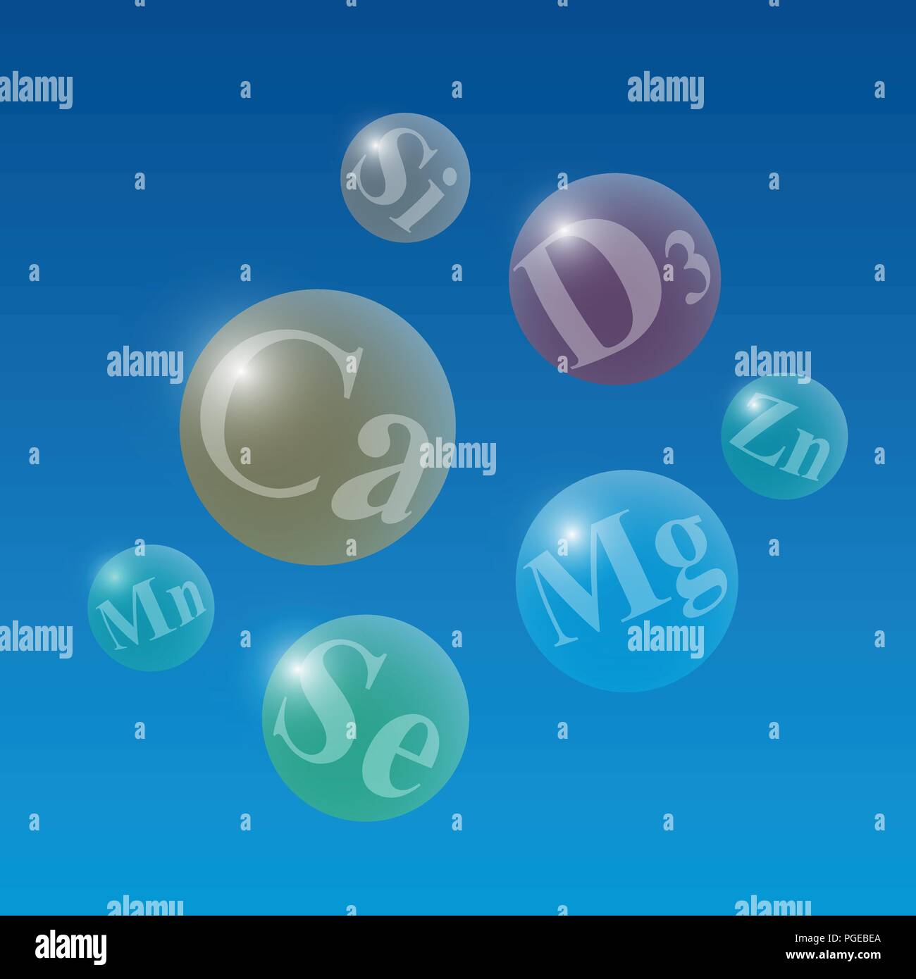 Glowing translucent spheres with names of useful microelements on a ...