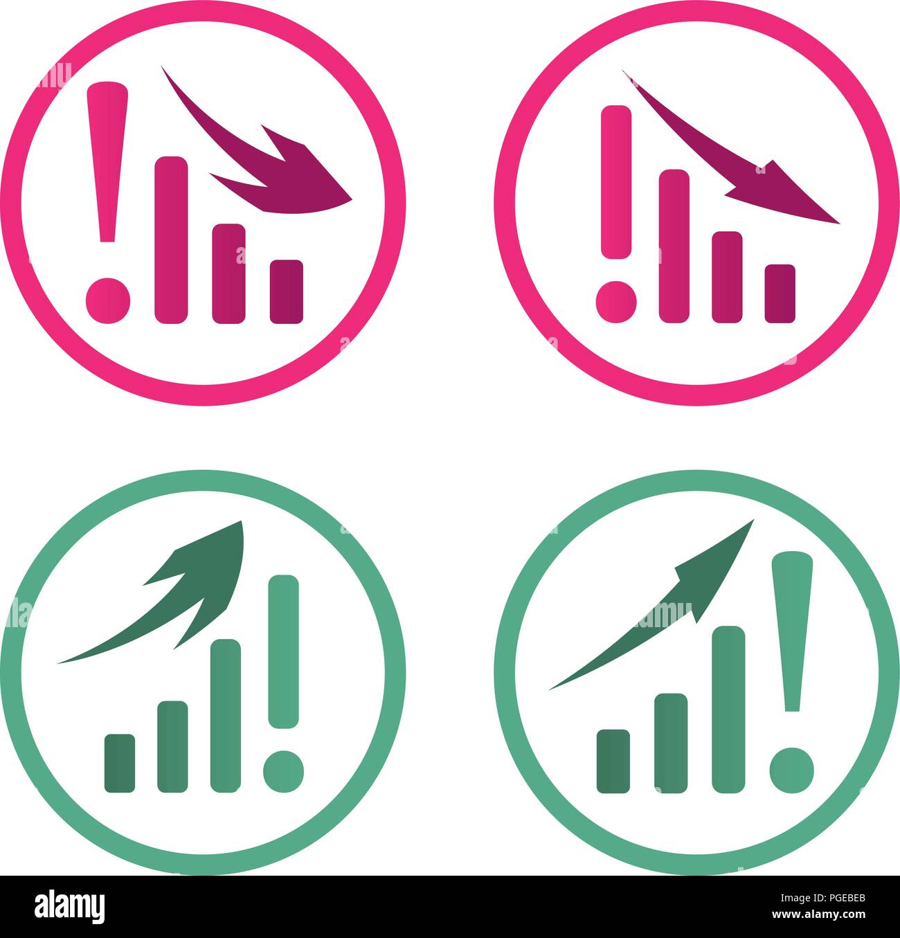 Worsening and growing charts with arrows and exclamation point vector ...