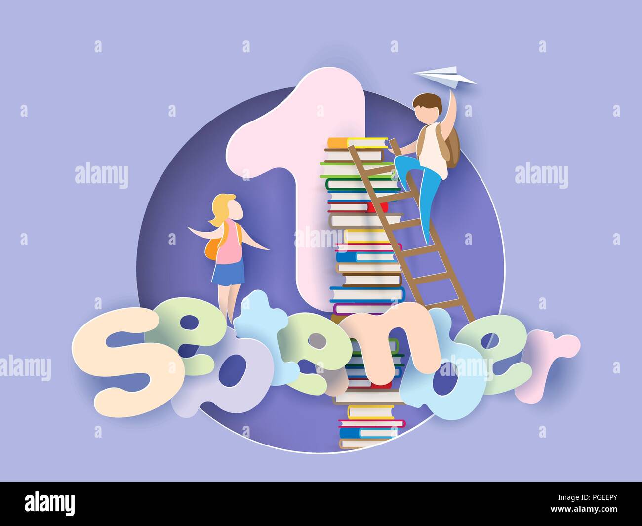 Back to school 1 september card with boy, girl, books in round hole ...