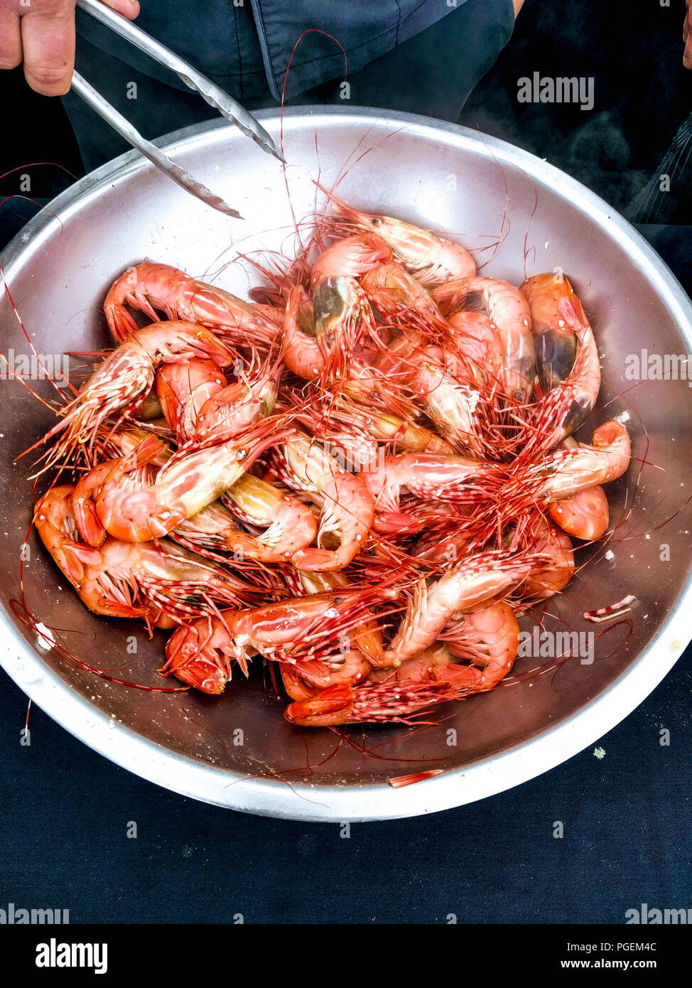 Boiled spot prawns (Pandalus platyceros) shown in a metal bowl. An ...