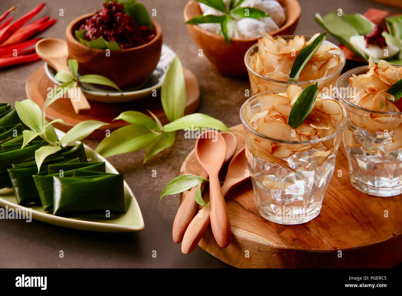 Traditional snacks and drink popular in Western Java, such as Tape Uli ...