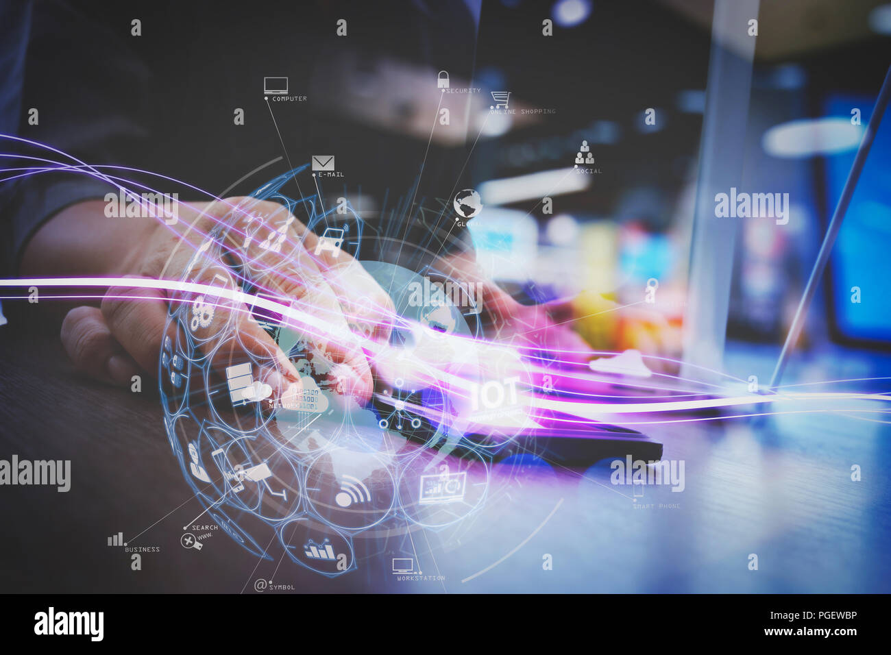 Internet of Things (IOT) technology with AR (Augmented Reality) on VR dashboard.businessman ...