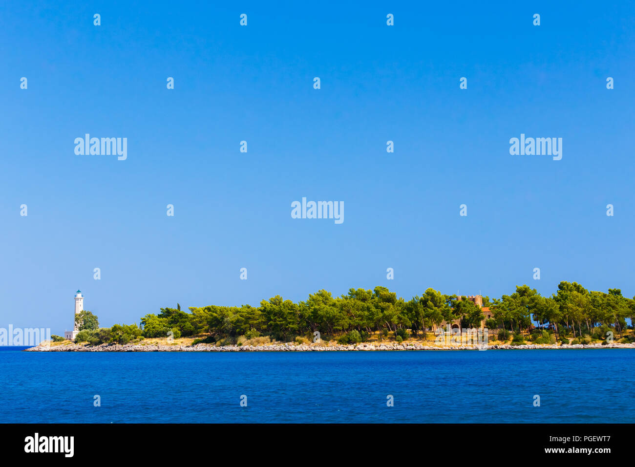 Cranae or Marathonisi island with Tzanetakis medieval tower, an island ...