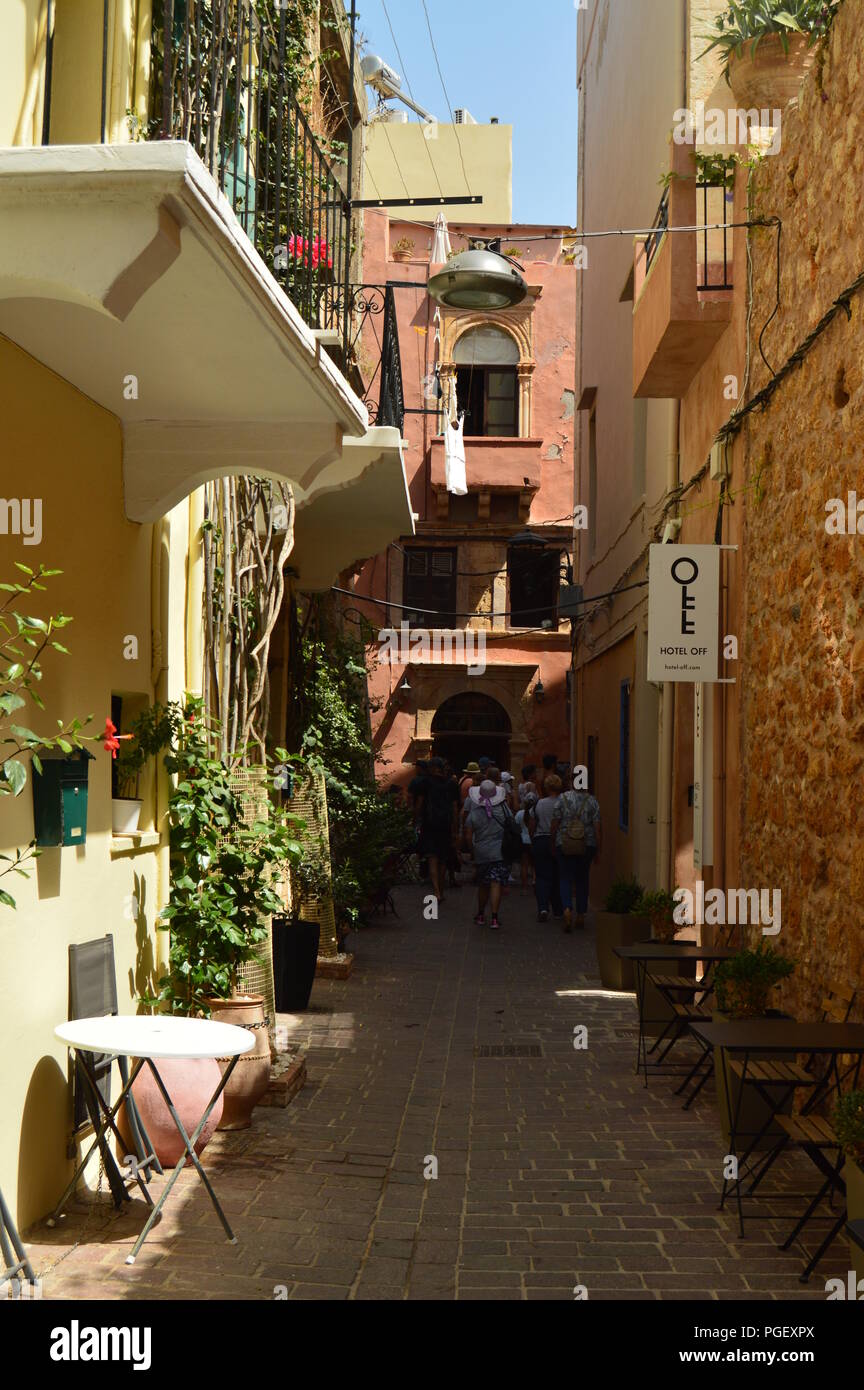 Narrow Streets In The Venetian Style Neighborhood Of Chania With ...