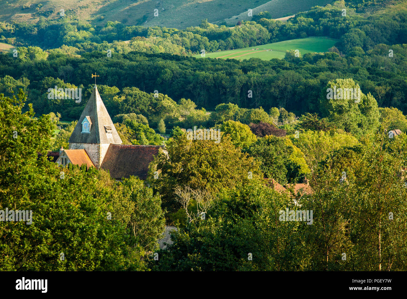 Summer evening at Ditchling church, East Sussex, England. South Downs ...