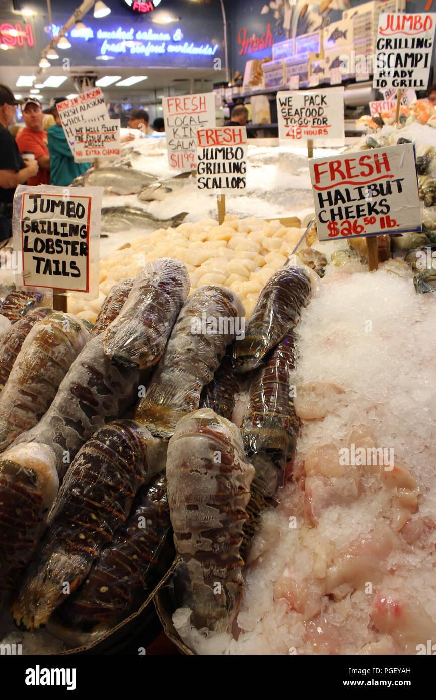 Seafood displayed at Pike Place Fish Co. at Pike Place Market in ...