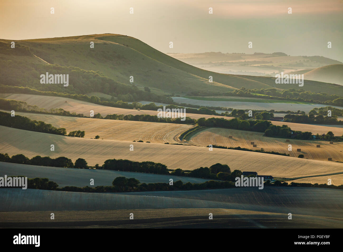 Firle Beacon tower over the South Downs landscape, East Sussex, England ...