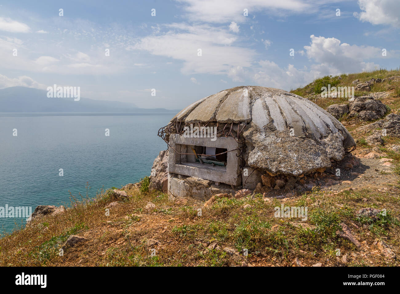 Old military bunker in Lin village. Ochrid lake in background. Albania ...