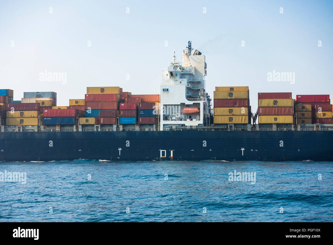 Container ship at open sea, atlantic ocean, Strait of gibraltar ...