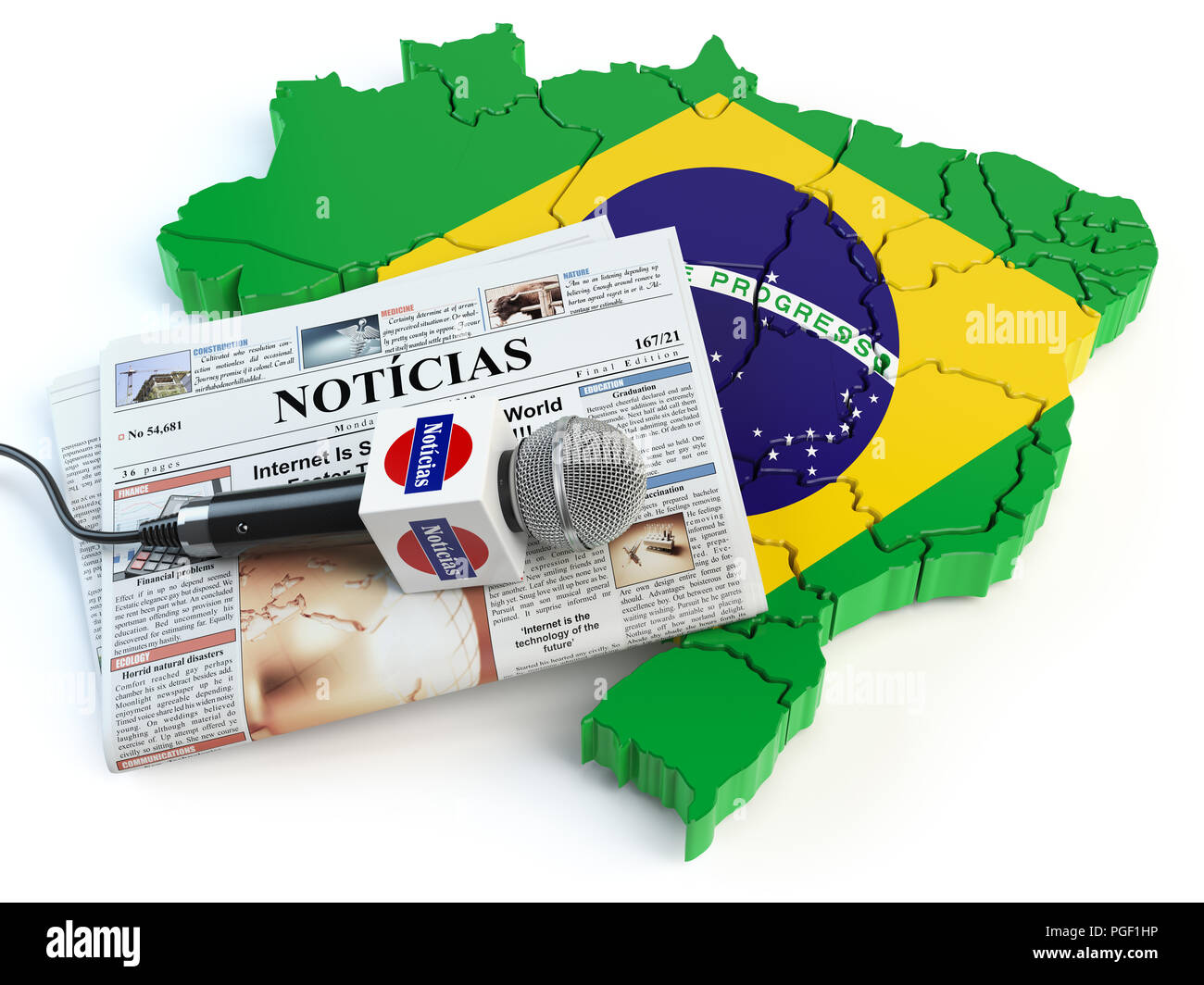 Brazilian news, press and journalism concept. Microphone and newspaper ...