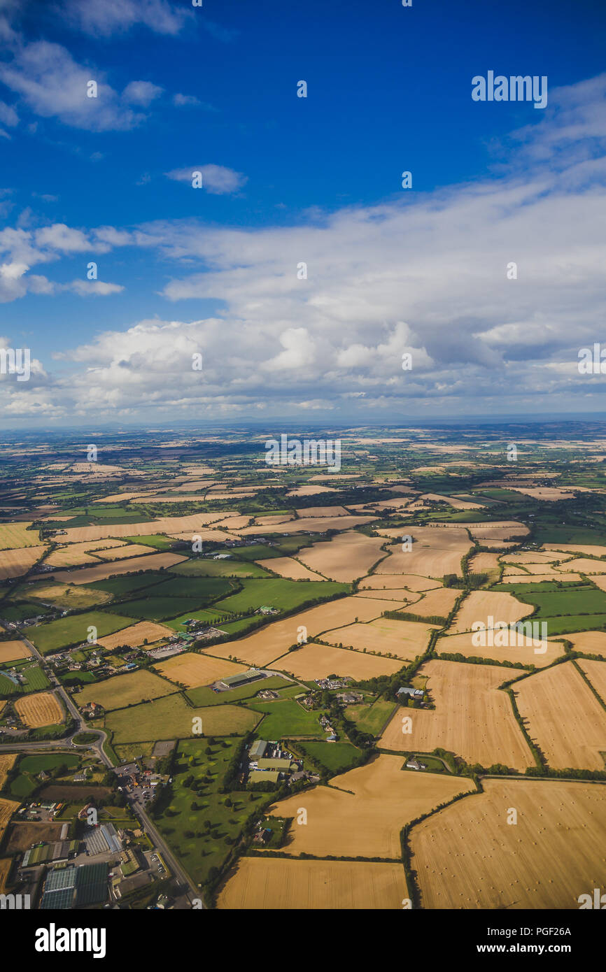 aerial view of Ireland with fields and meadows in dry conditions after ...