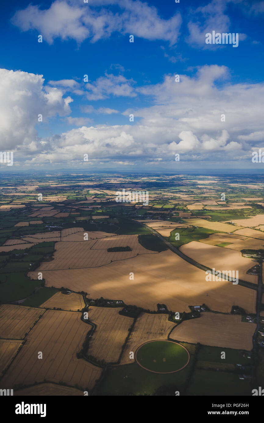 aerial view of Ireland with fields and meadows in dry conditions after ...