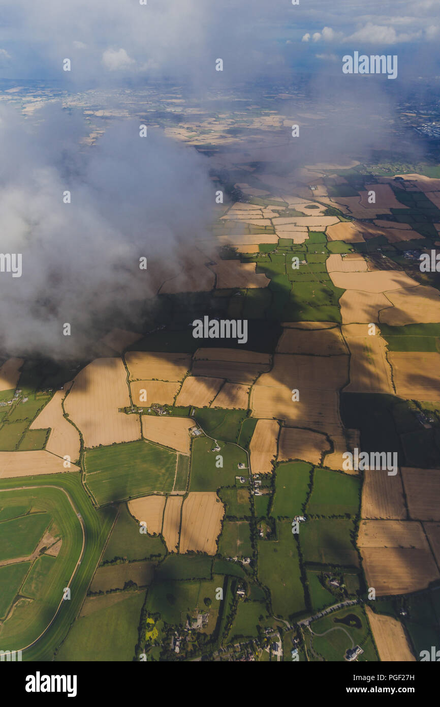 aerial view of Ireland with fields and meadows in dry conditions after ...