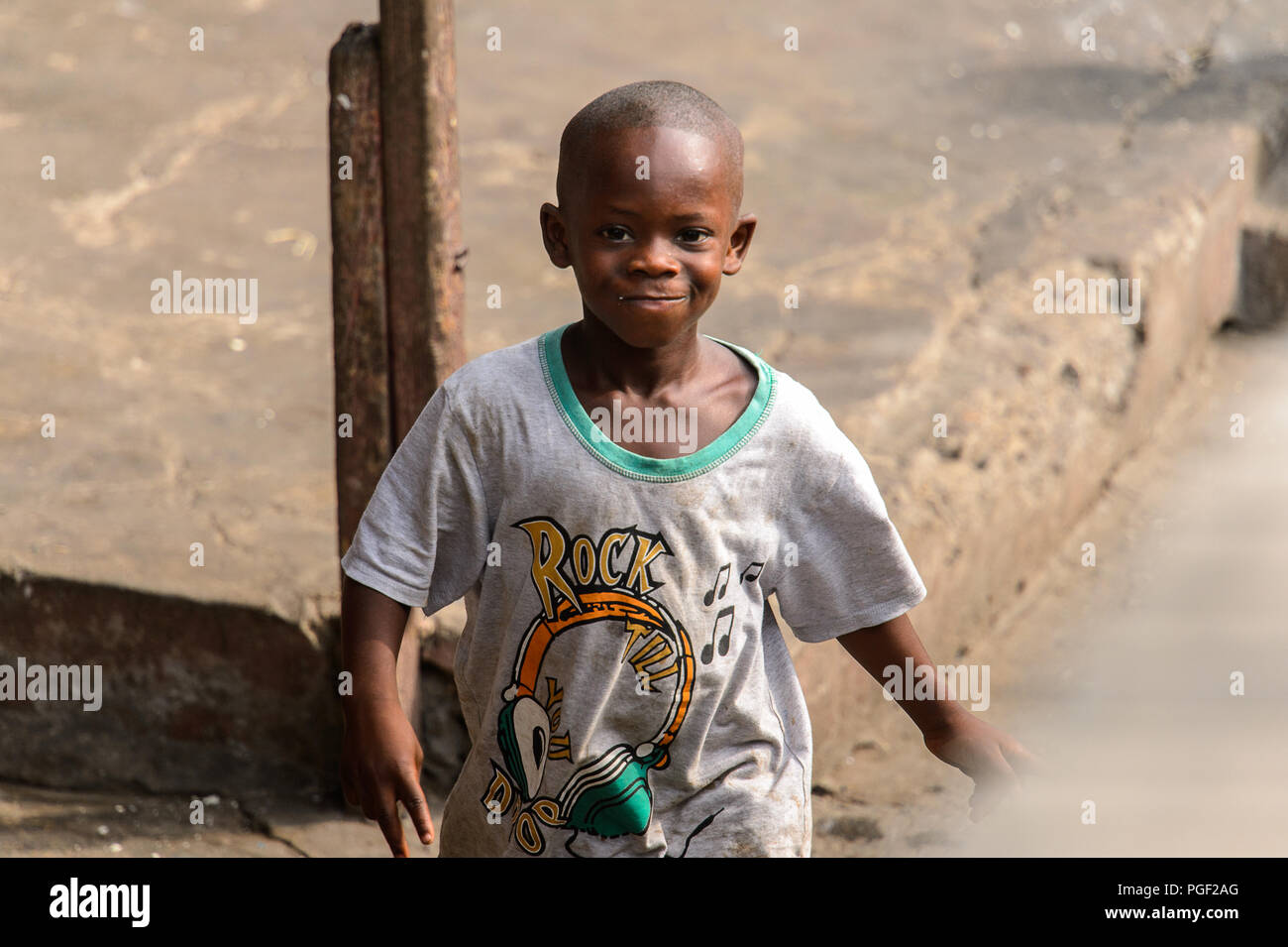 ACCRA, GHANA - JAN 8, 2017: Unidentified Ghanaian pleased little boy in ...
