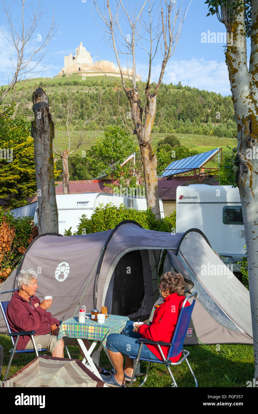 people on a campsite at the Spanish village of Castrojeriz Castilla y ...