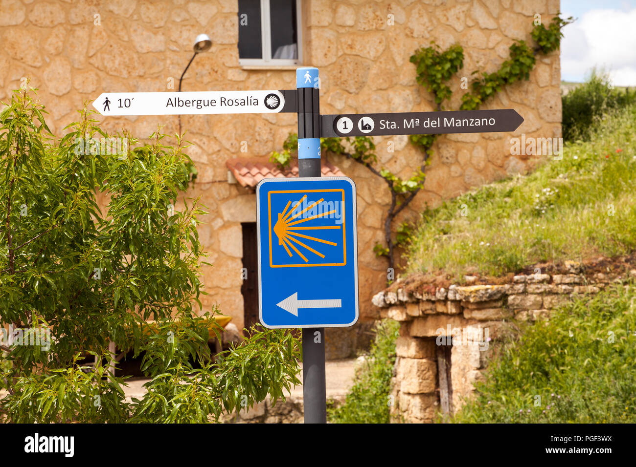 Sign post and directions on the Camino de Santiago the way of St James ...