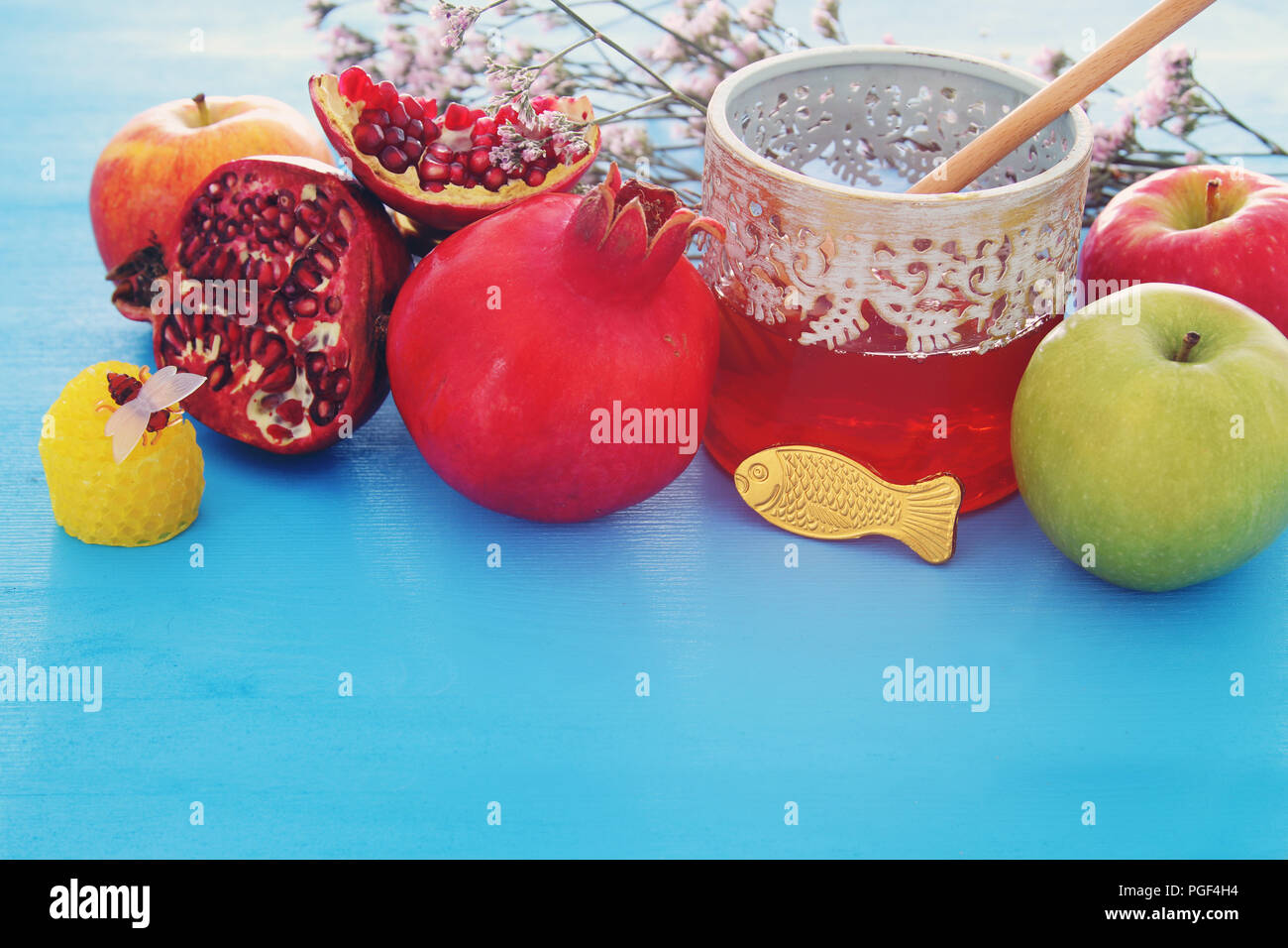 Rosh hashanah (jewish New Year holiday) concept. Traditional symbols ...