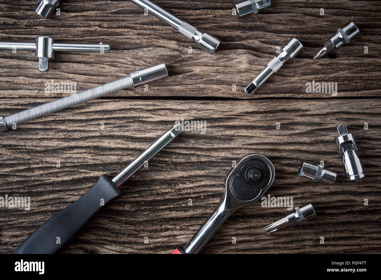 Working tools on wooden table background close up Stock Photo - Alamy