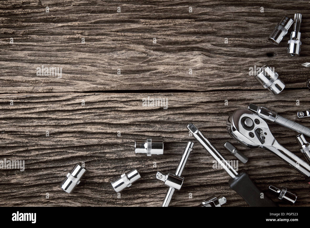 Working tools on wooden table background close up Stock Photo - Alamy