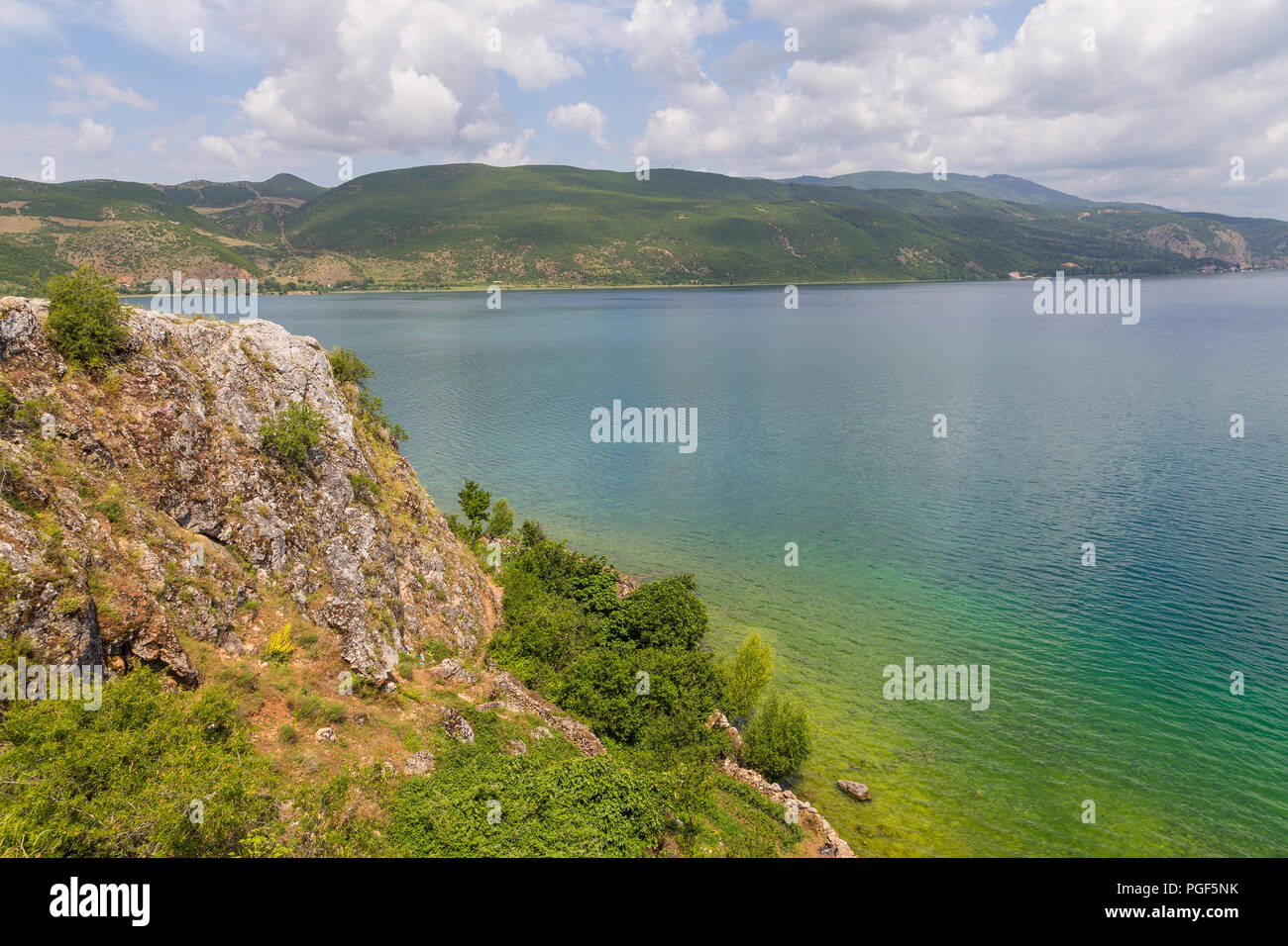 Scenic landscape view in coastline Ohrid Lake. Lin, Albania Stock Photo ...