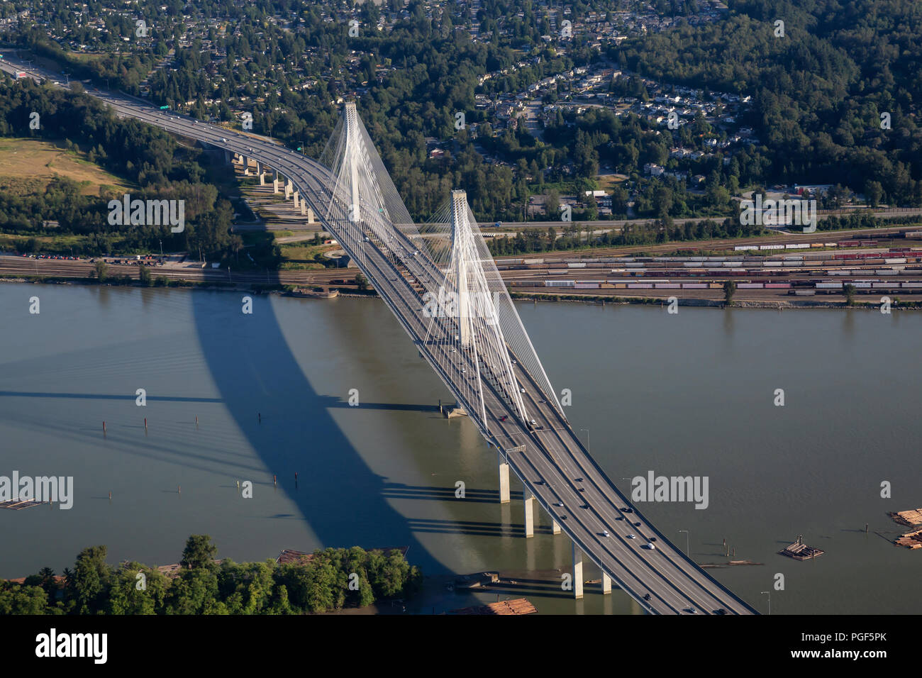 Aerial view of Port Mann Bridge in Vancouver, BC, Canada Stock Photo ...