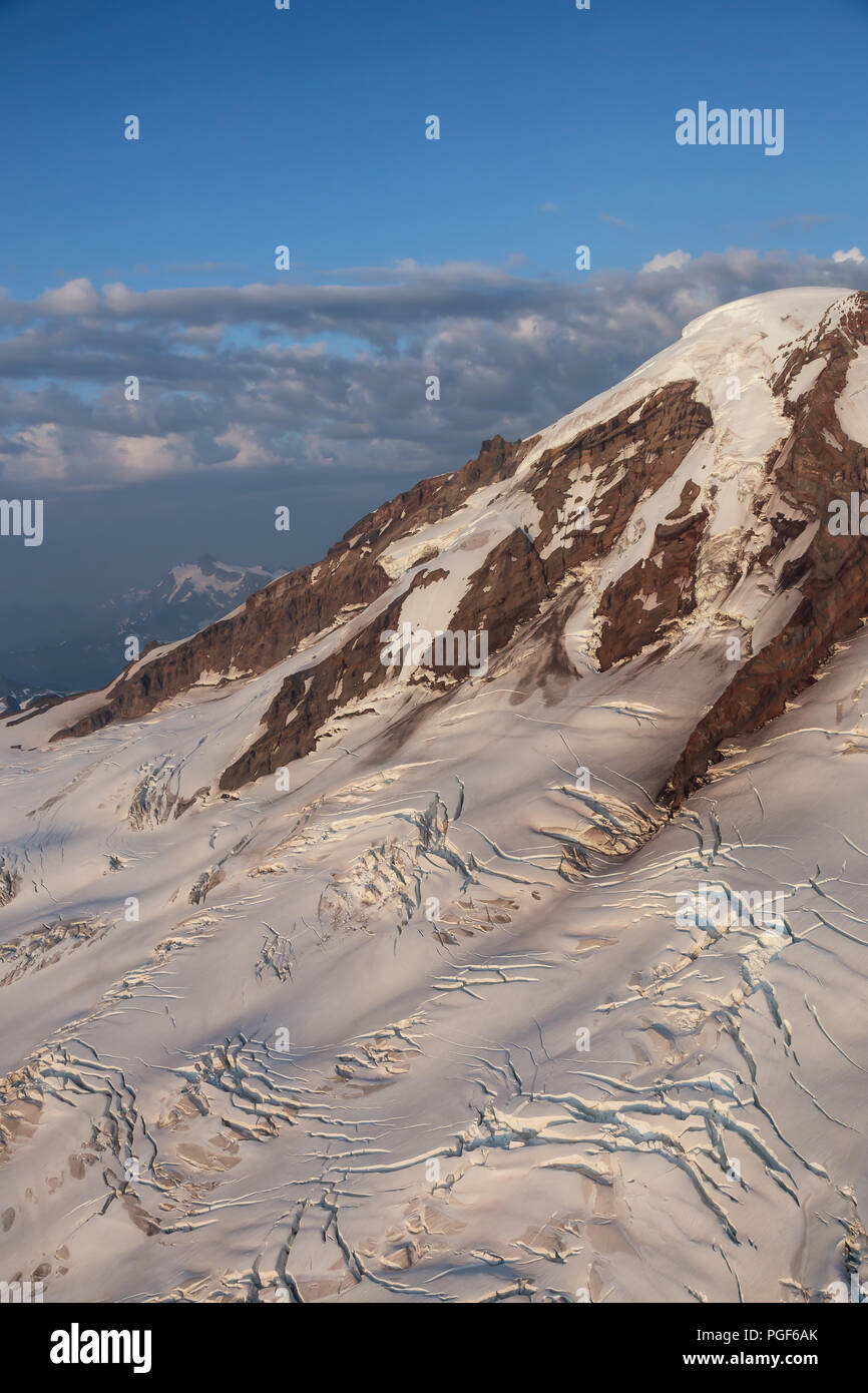 Aerial landscape view of the Mount Baker during a vibrant summer sunset ...