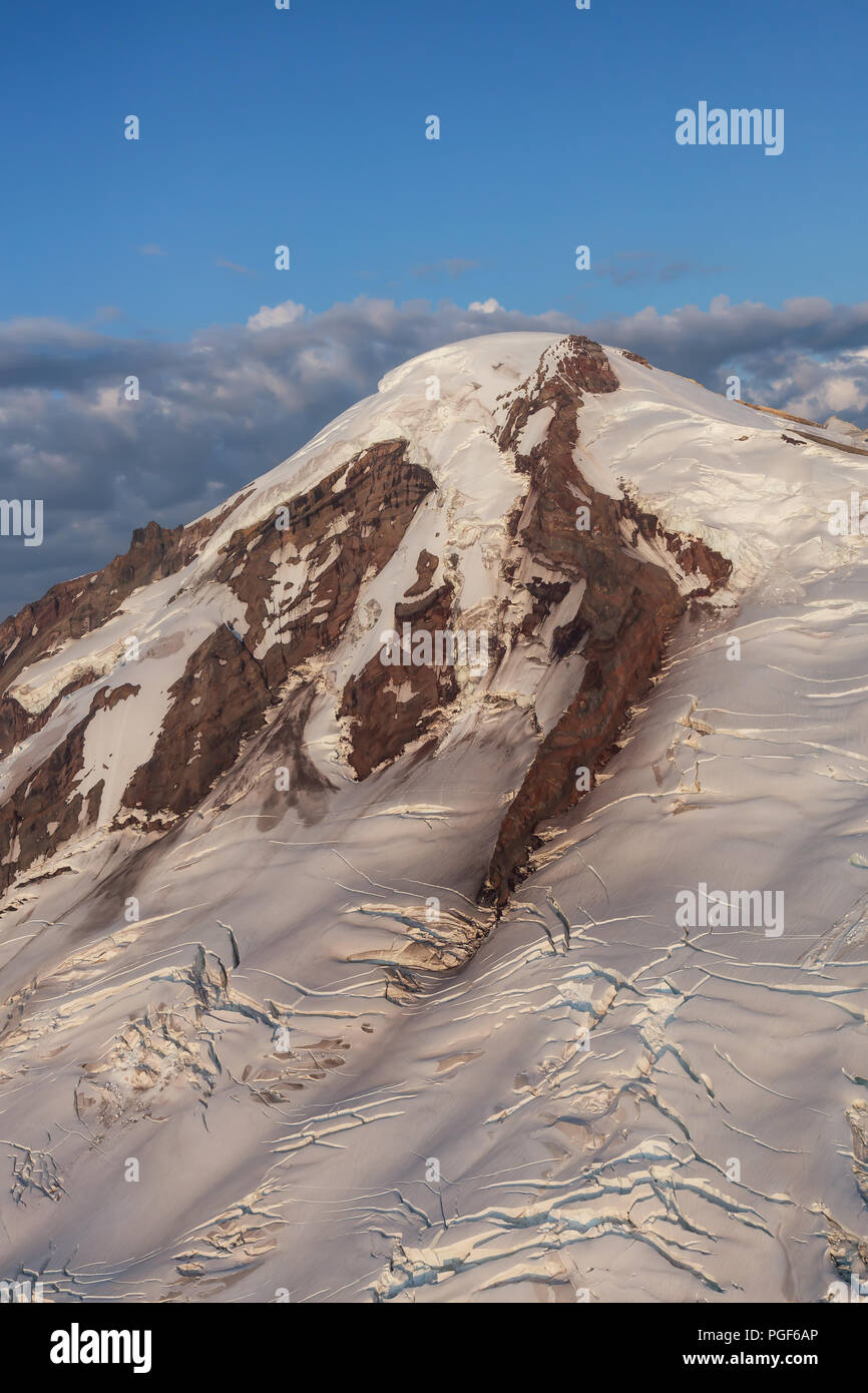 Aerial landscape view of the Mount Baker during a vibrant summer sunset ...