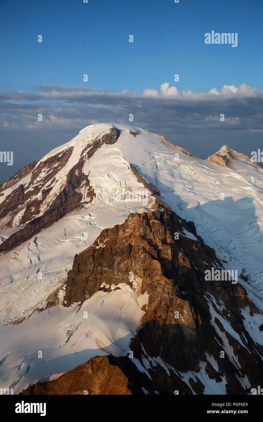 Aerial landscape view of the Mount Baker during a vibrant summer sunset ...