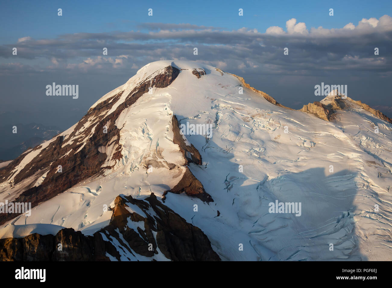 Aerial landscape view of the Mount Baker during a vibrant summer sunset ...