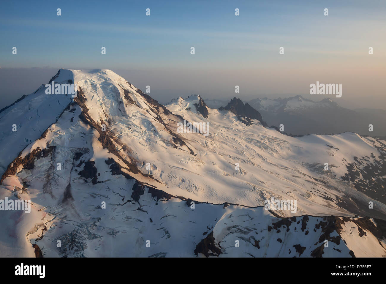 Aerial landscape view of the Mount Baker during a vibrant summer sunset ...